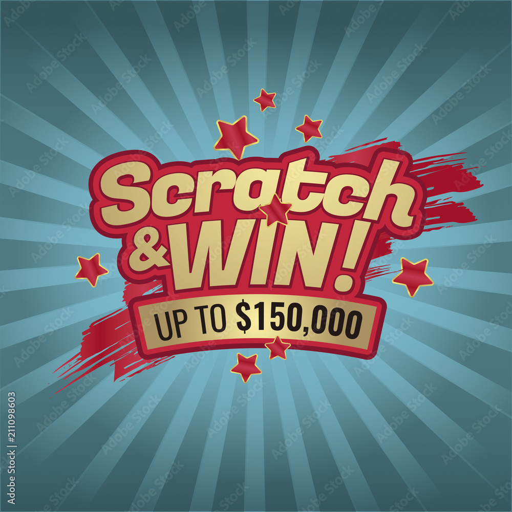 Scratch and win letters. Scratched effect background and stars. Ribbon ...