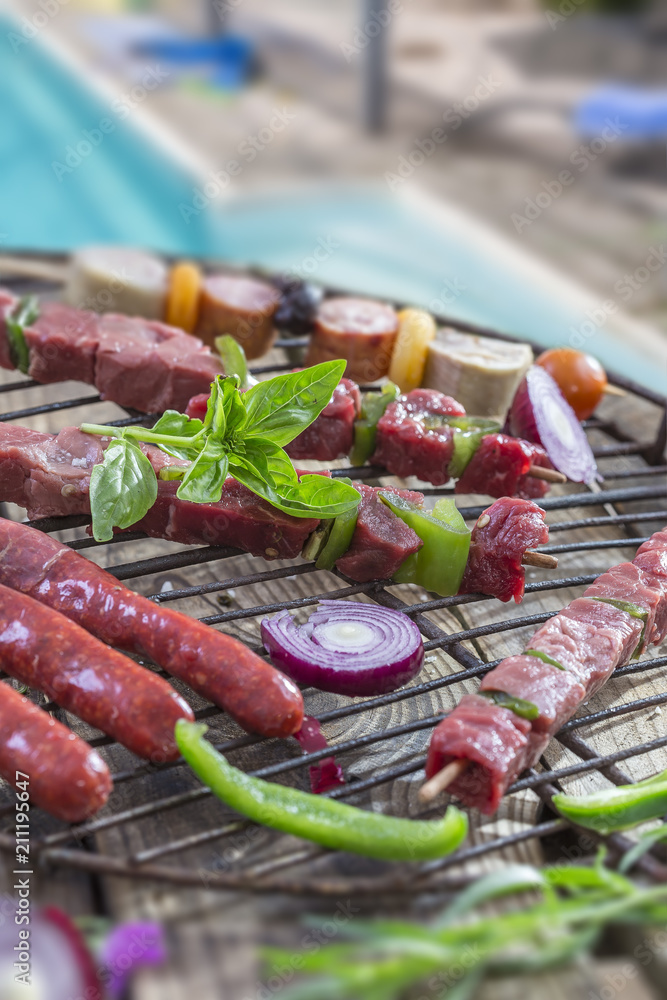 barbecue food grill meat, skewer andouillette, smoked sausages ...
