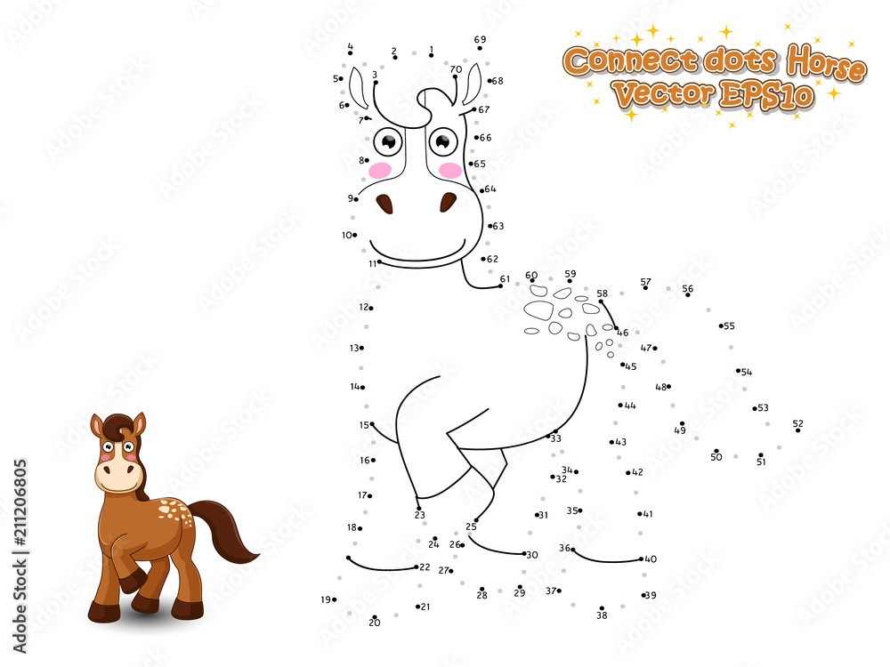 Connect The Dots and Draw Cute Cartoon Horse. Educational Game for Kids ...