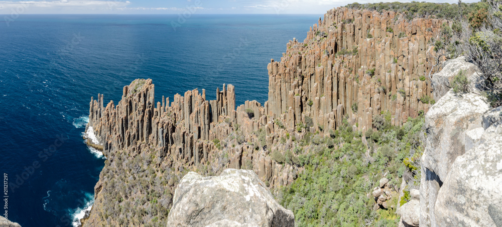 Panoramic, elevated view of Cape Raoul with its impressive formation of ...