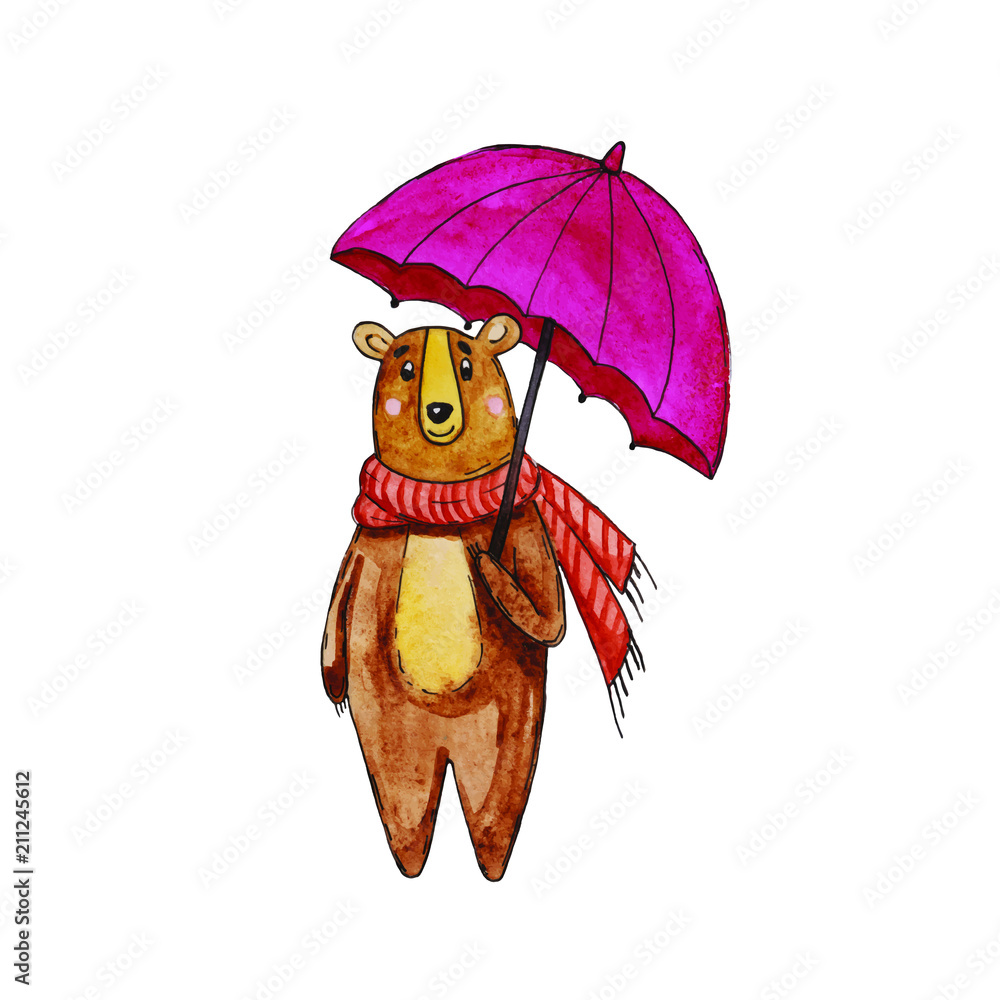 Watercolor bear illustration under a pink umbrella. Watercolor ...