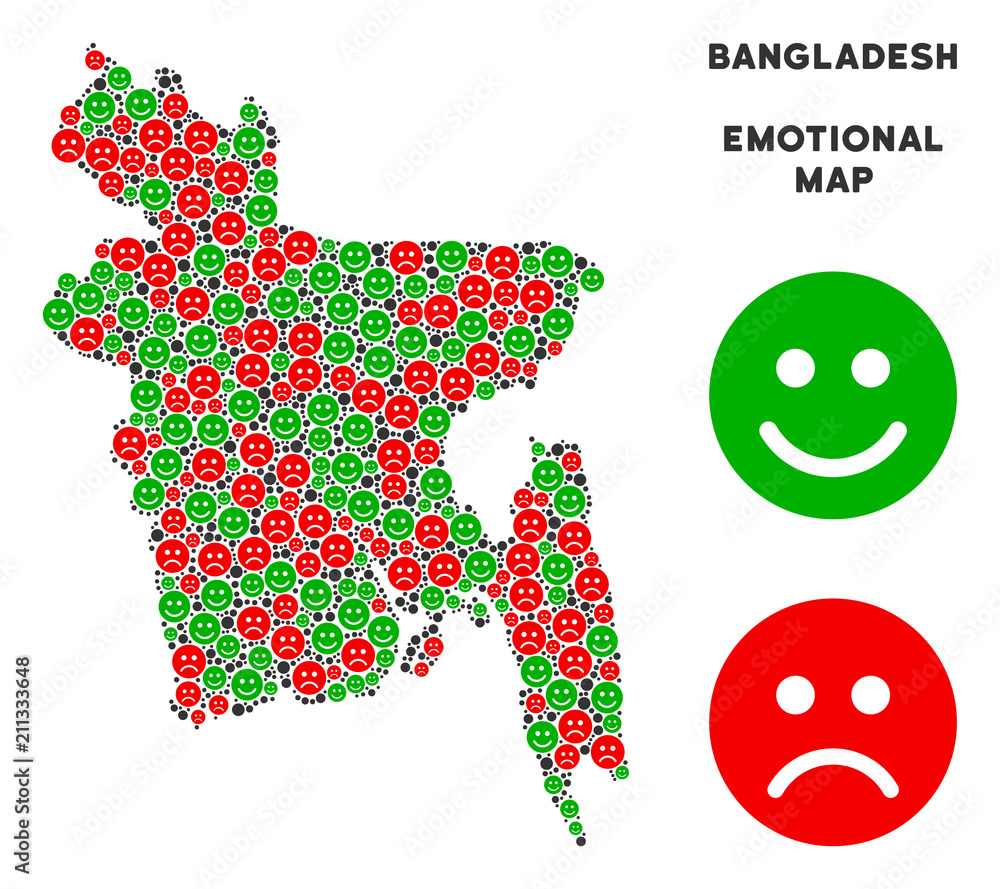 Happiness and sorrow Bangladesh map mosaic of emojis in green and red ...