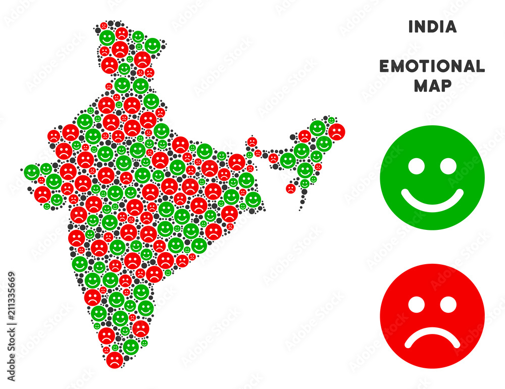 Happiness and sorrow India map composition of smileys in green and red ...