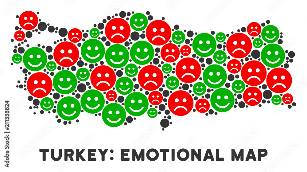 Happiness and sorrow Turkey map collage of emojis in green and red ...