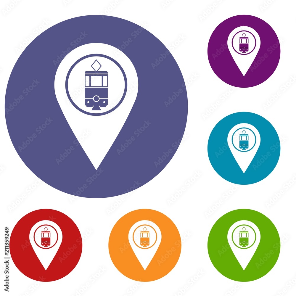 Geo tag with tram sign icons set in flat circle red, blue and green ...
