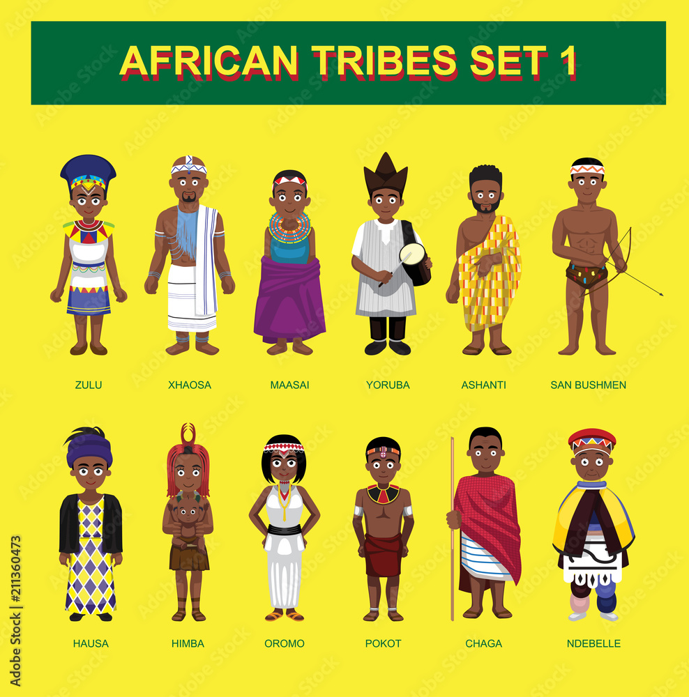 African Tribes Cute Characters Cartoon Set Vector Illustration Stock ...