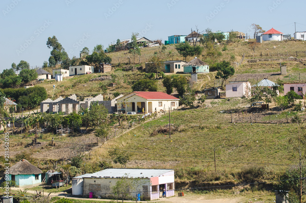 African village, rural houses apartheid, bantustan KwaZulu Natal near ...