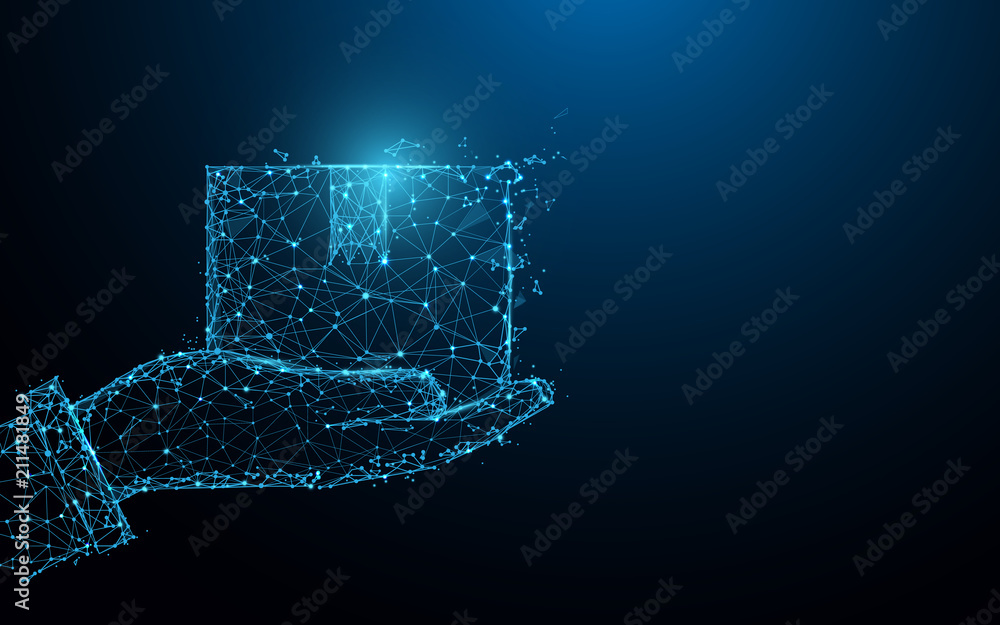 Vector de Stock Hand holding package box form lines, triangles and particle style design ...