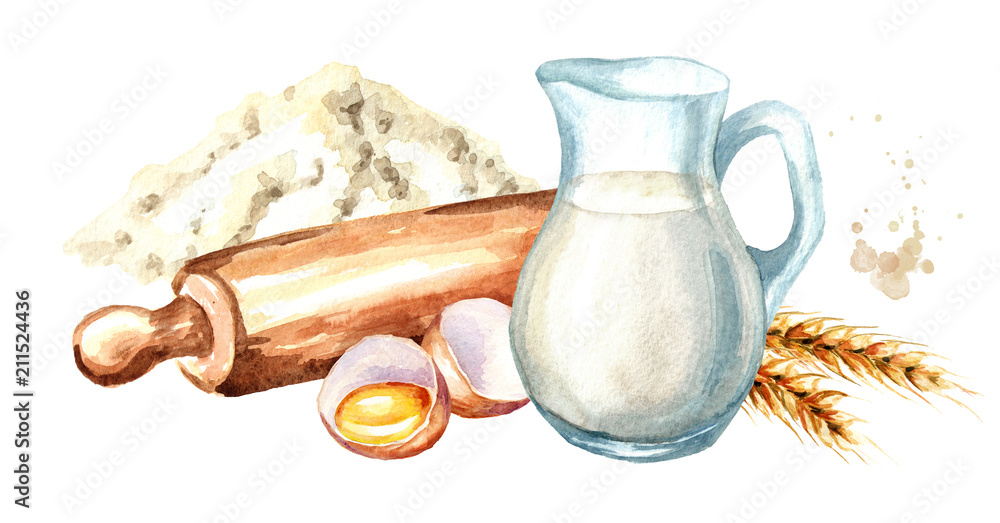 Cookig set. Wooden rolling pin, bowl of flour, broken egg, ears of ...