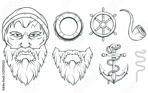 Hand Drawn sailor. Cartoon bearded man character. Sailor character head ...