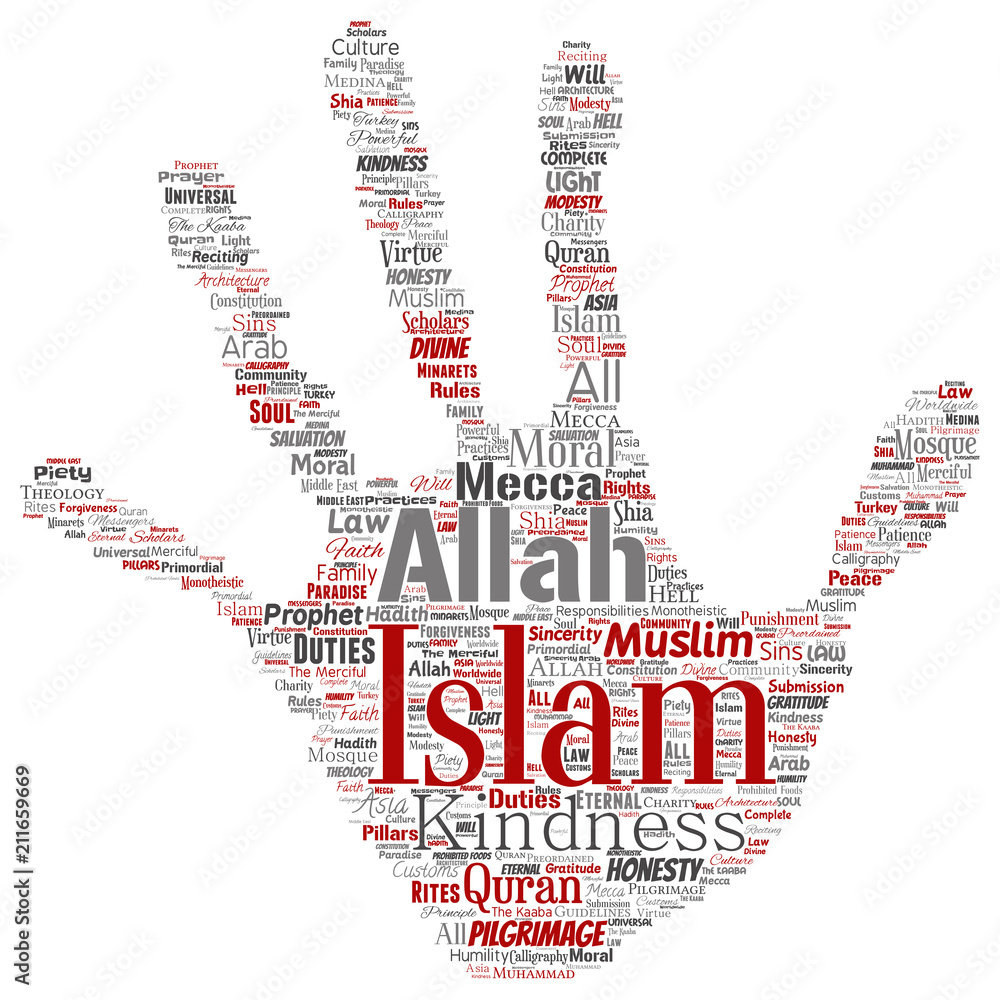 Vector conceptual islam, prophet, mosque hand print stamp word cloud ...