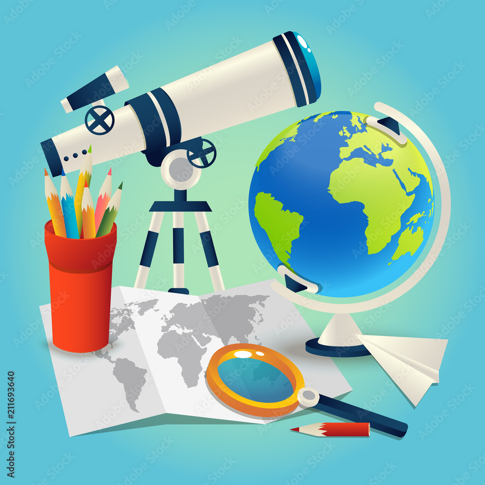 School subjects attributes illustration in vector, showing a map with ...