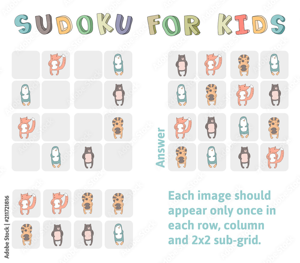 Sudoku game for children with pictures. Kids activity sheet with funny ...