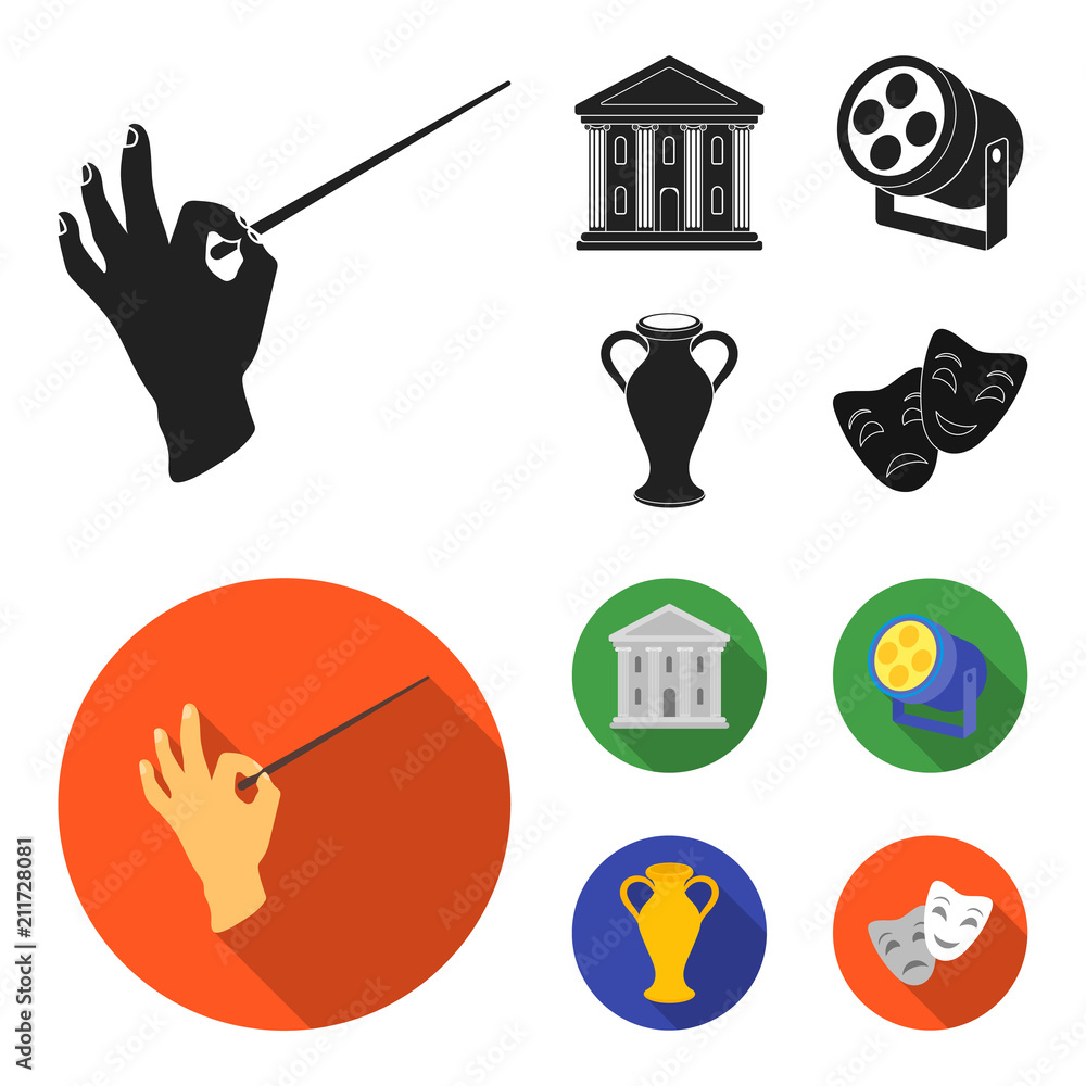 Conductor baton, theater building, searchlight, amphora.Theatre set ...