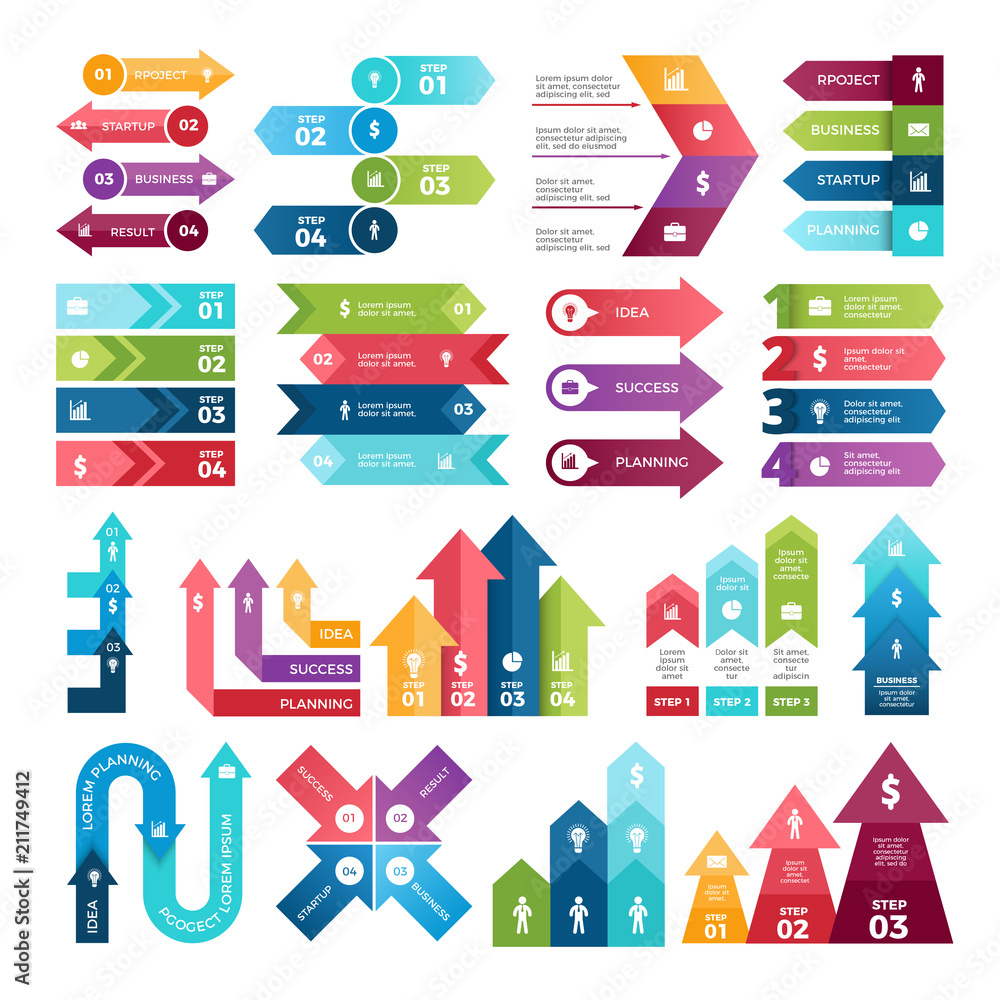 Colored arrows for design projects of infographics. Visualizations of ...