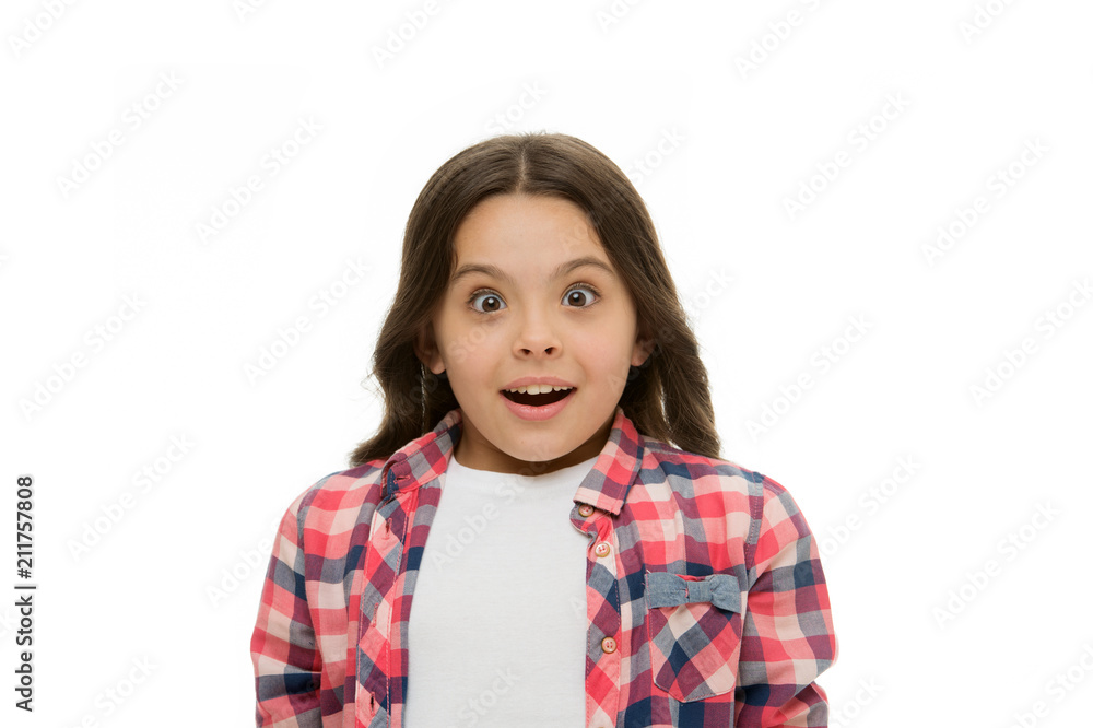 No way. Kid stunned overwhelmed emotion can not believe her eyes. Child ...