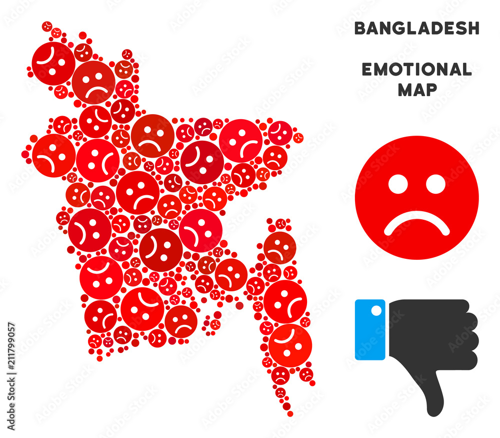 Sorrow Bangladesh map mosaic of sad emojis in red colors. Negative mood ...