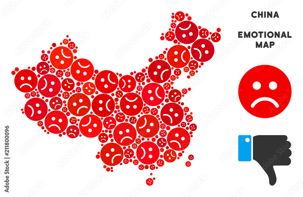 Emotion China map collage of sad emojis in red colors. Negative mood ...