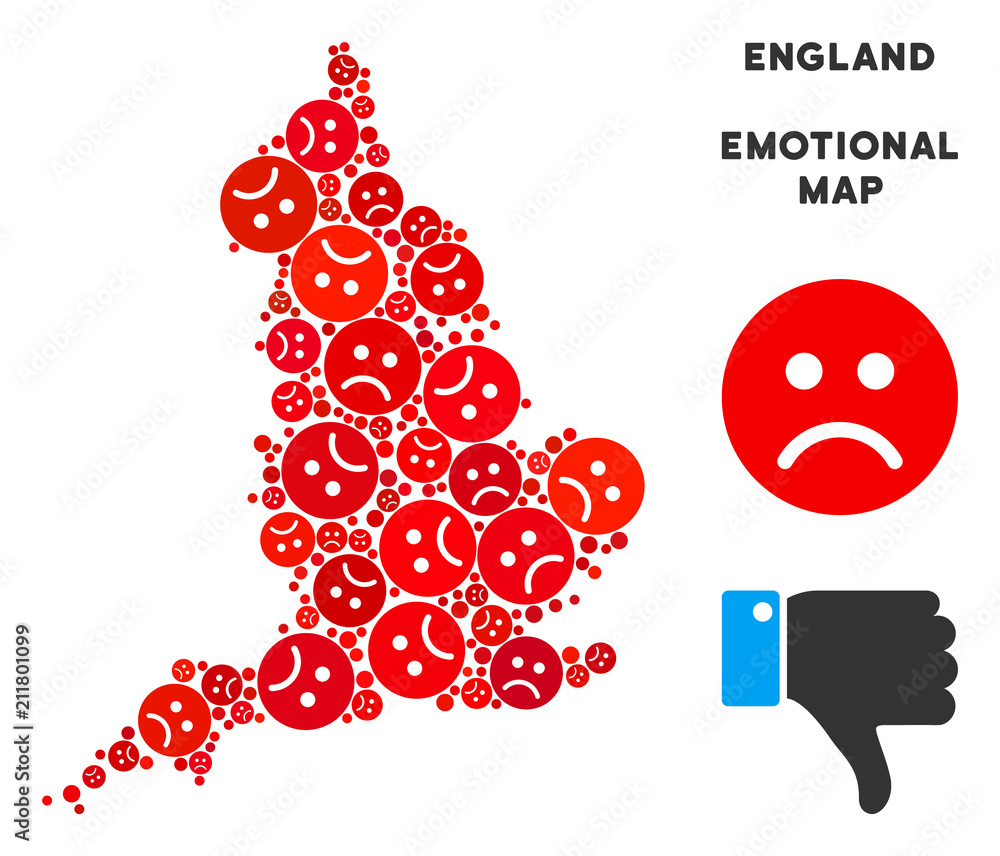 Sorrow England map mosaic of sad emojis in red colors. Negative mood ...
