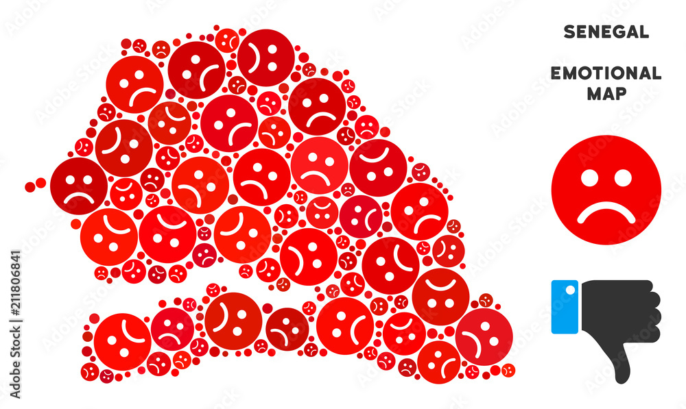 Emotion Senegal map composition of sad emojis in red colors. Negative ...