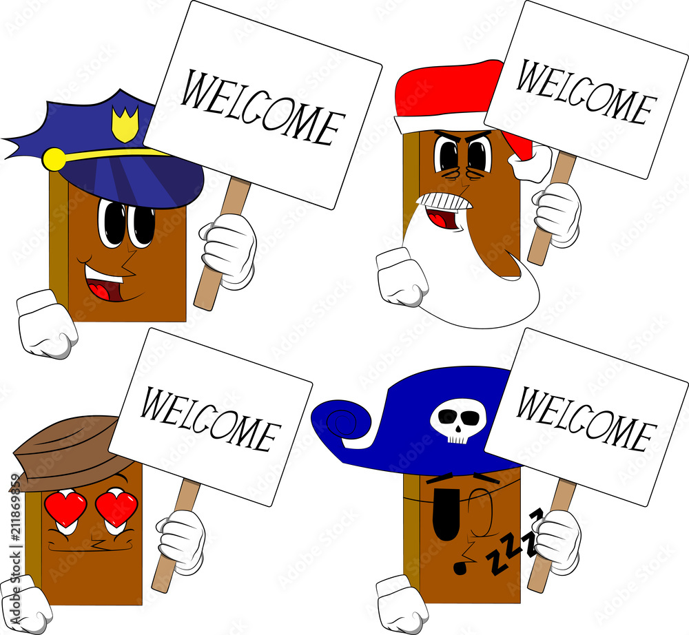 Books holding a banner with welcome text. Cartoon book collection with ...