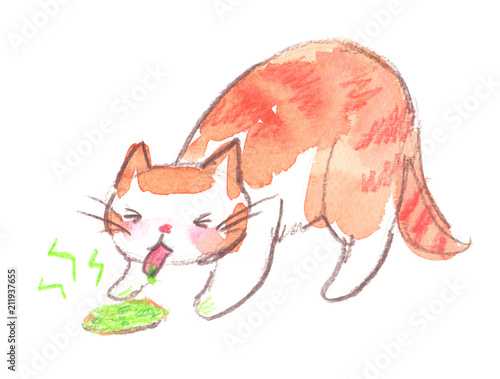 Cute red cartoon cat vomiting. Illustration painted in watercolor on ...