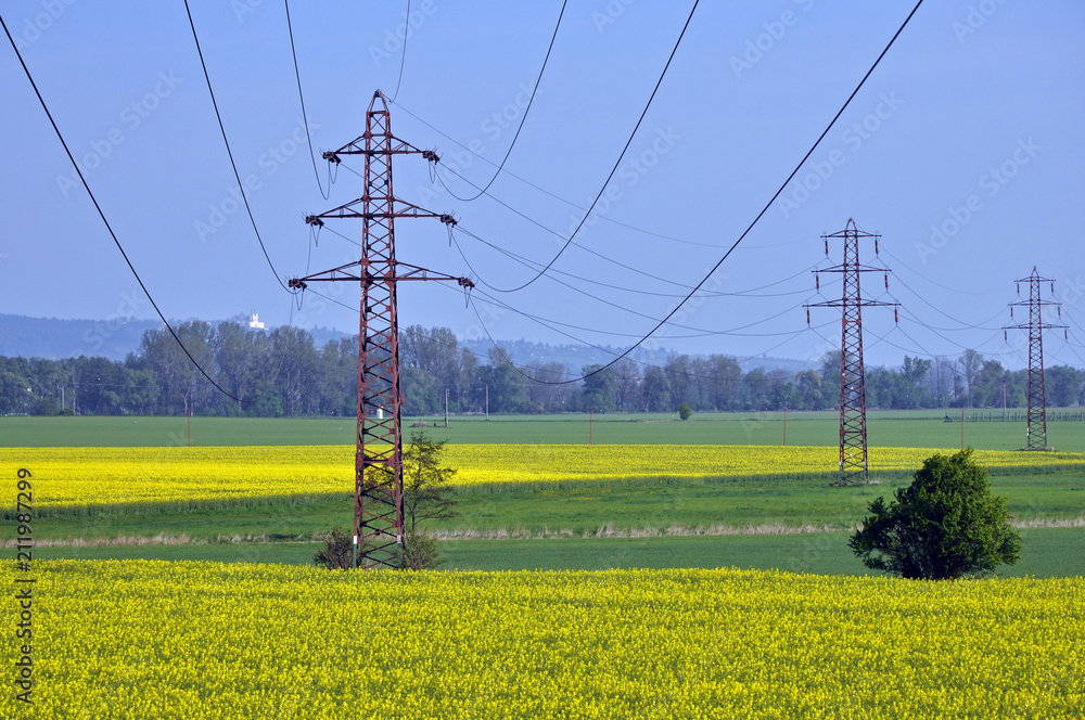 Power lines in rape field. On the horizon stands the Temple St. Kopecek ...