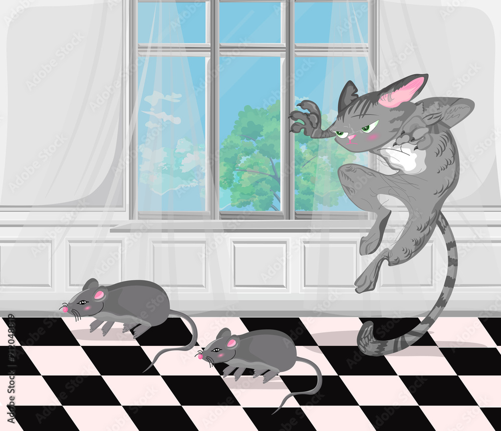 Cat attacking mice Vector. cartoon character funny illustrations Stock ...