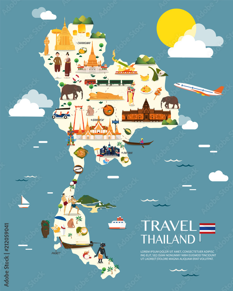 Thailand map with colorful landmarks illustration design Stock Vector ...