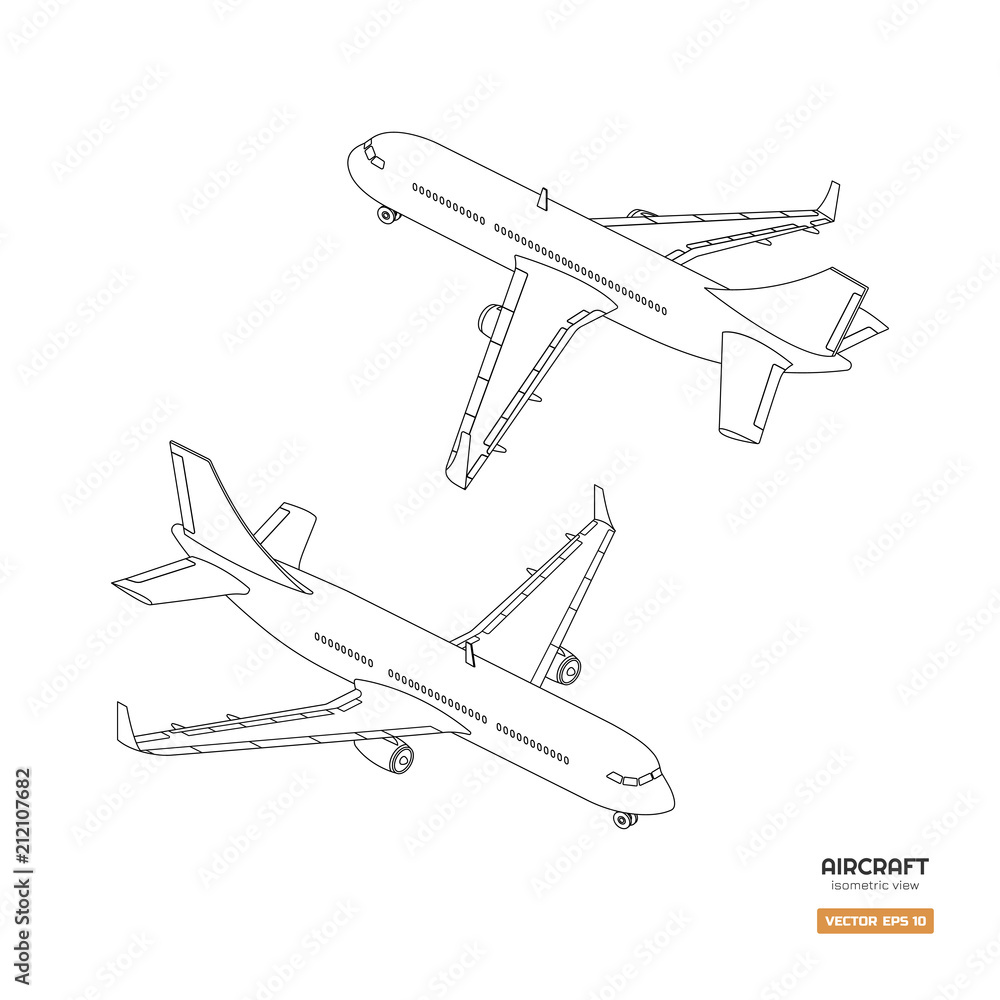 Civil isometric aircraft in outline style. Industrial blueprint of ...