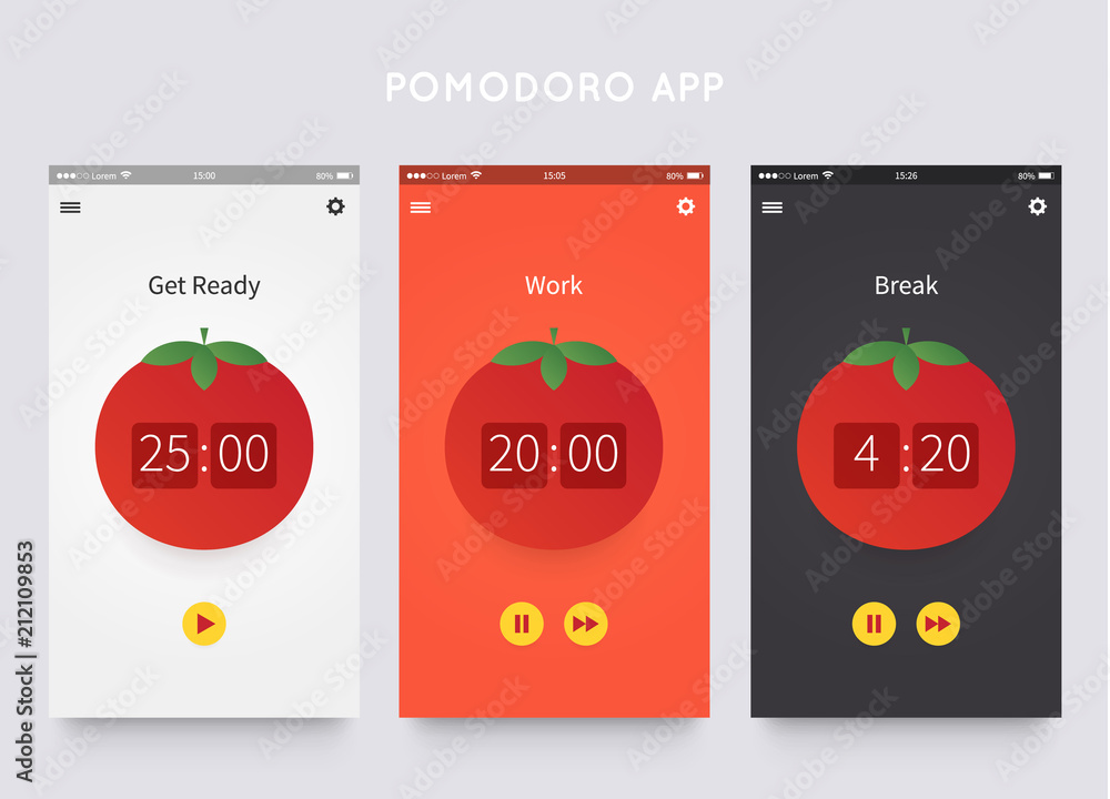 Pomodoro technique. App ui design template with pomodoro clock. Time management. Vector ...