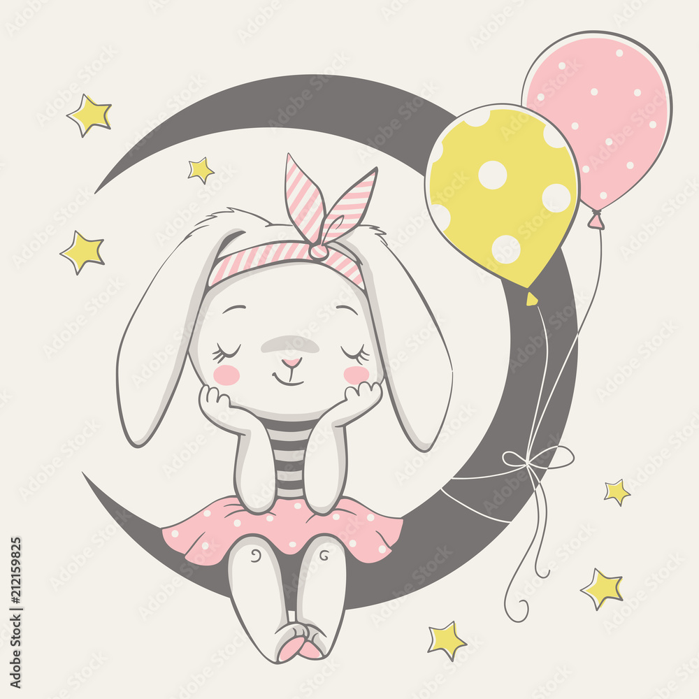 Vector illustration of a cute dreaming bunny girl, sitting on the moon ...
