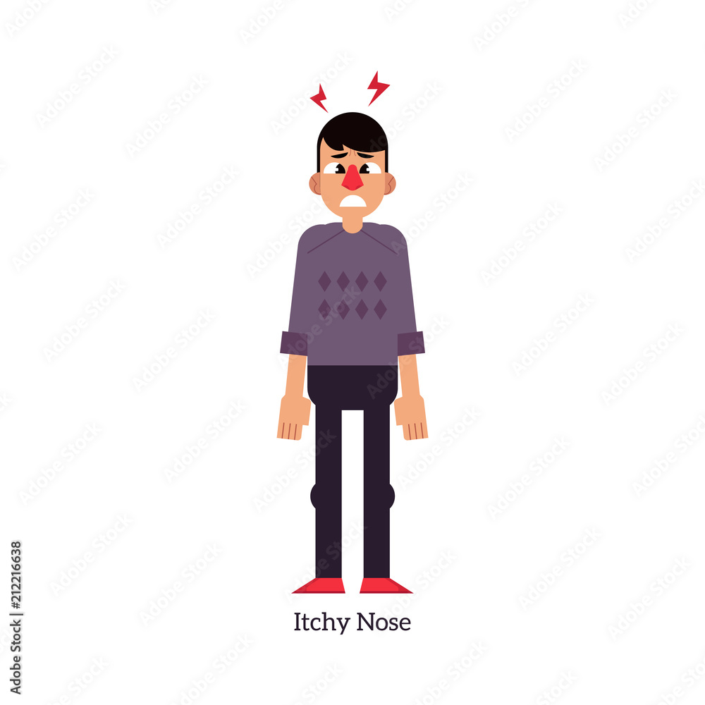 Young man with itchy nose - symptom of rhinitis or allergy in flat ...