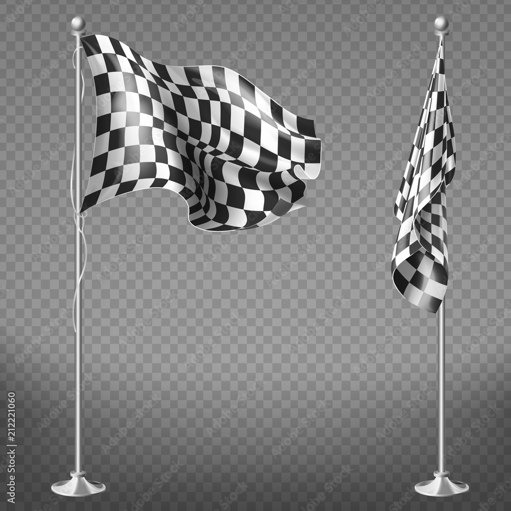 Vector realistic set of two racing flags on steel poles isolated on ...