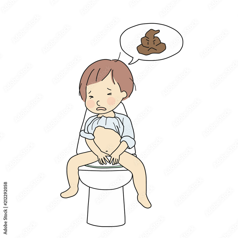 Vector illustration of baby being constipated. Little kid trying to ...