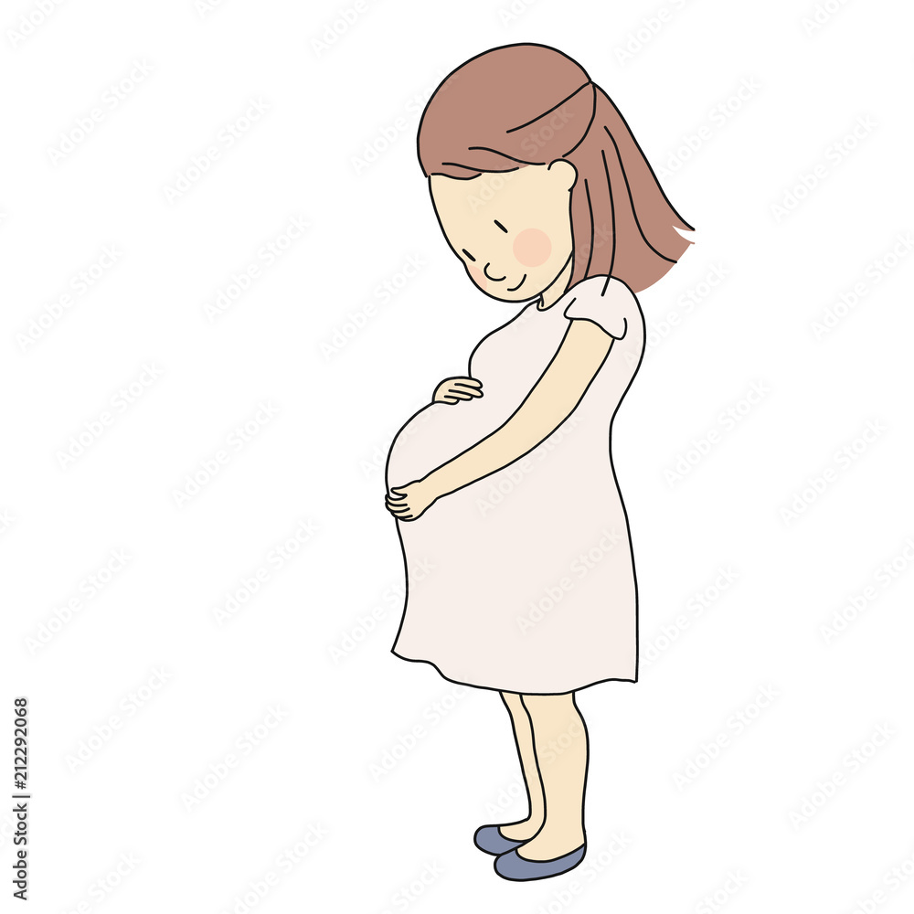 Vector illustration of happy pregnant woman touching, looking, feeling ...