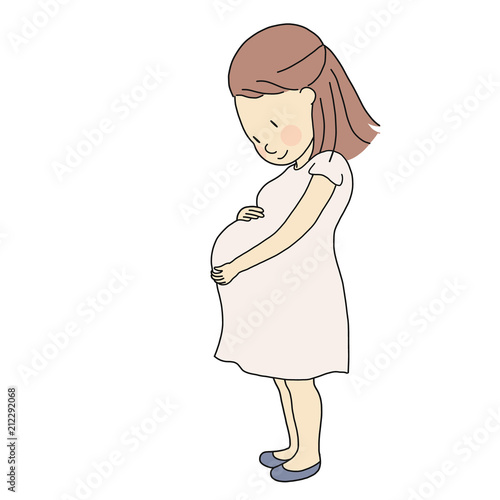 Vector Illustration Of Happy Pregnant Woman Touching Looking Feeling