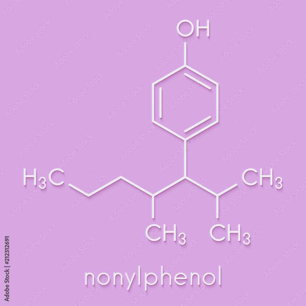 Nonylphenol endocrine disruptor molecule (one isomer shown). Skeletal ...