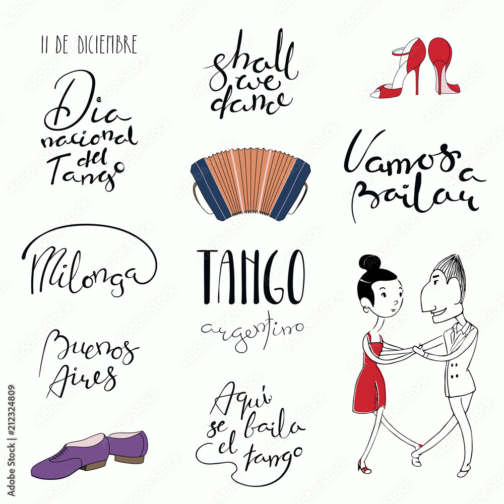 Set of hand written tango quotes, design elements, tr. from Spanish ...