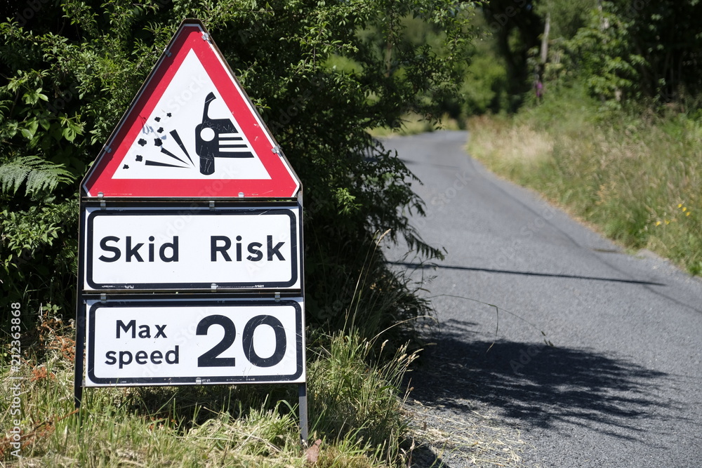 Skid risk road sign gravel max speed 20 mph twenty safety for drivers ...
