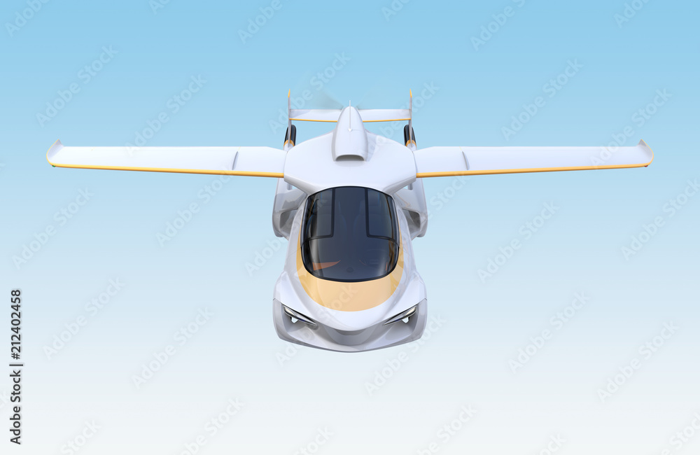 Front view of futuristic autonomous car flying in the sky. 3D rendering ...