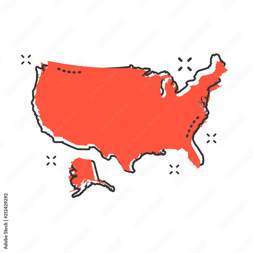 Cartoon America map icon in comic style. USA illustration pictogram ...