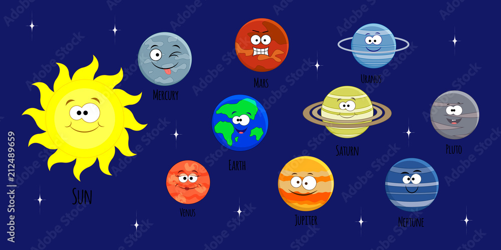 Vector set of cartoon solar system planets. Solar system illus Stock ...