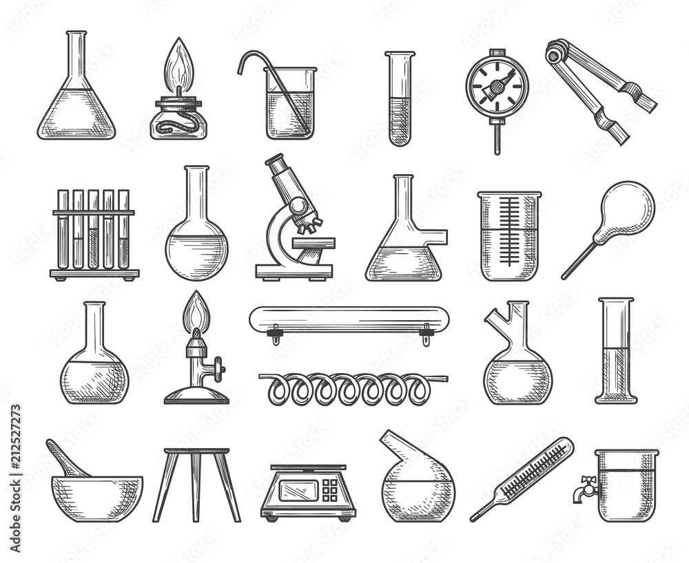 Vintage chemistry lab. Vector ink engraving retro physics laboratory ...