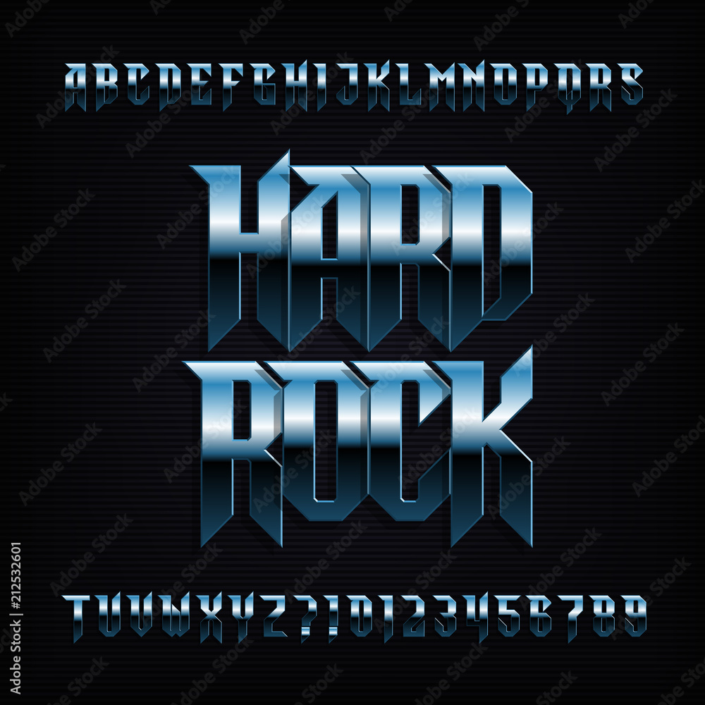 Hard rock alphabet font. Metal effect shiny letters, numbers and ...