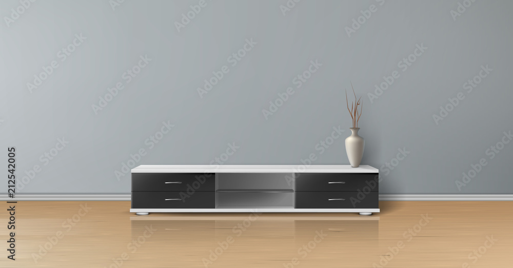 Vector realistic mockup of empty room with flat gray wall, wooden floor ...