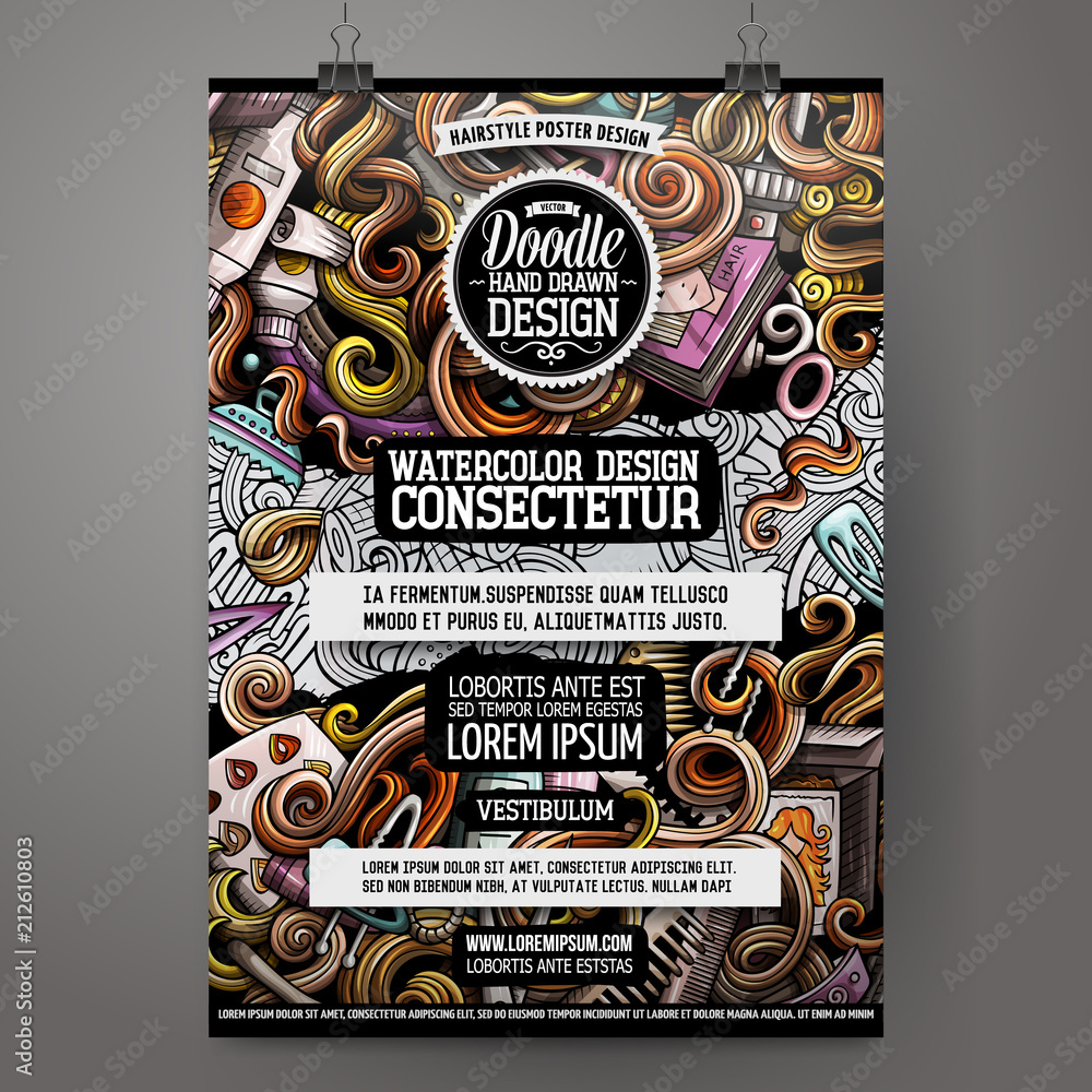 Vetor Cartoon hand drawn doodles Hairstyle poster design do Stock ...