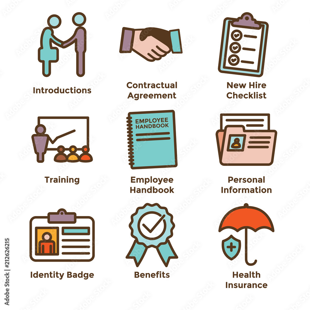 New Employee Hiring Process icon set w checklist, handshake, training ...