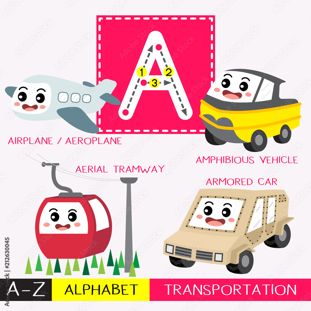 Letter A uppercase children colorful transportations ABC alphabet ...