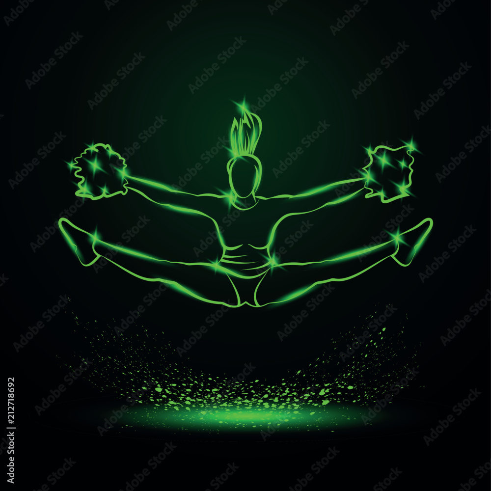 Cheerleader jumps and doing splits with pom poms. Green neon ...